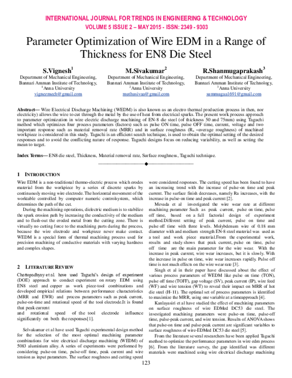 (PDF) Parameter Optimization of Wire EDM in a Range of Thickness for EN8 Die Steel