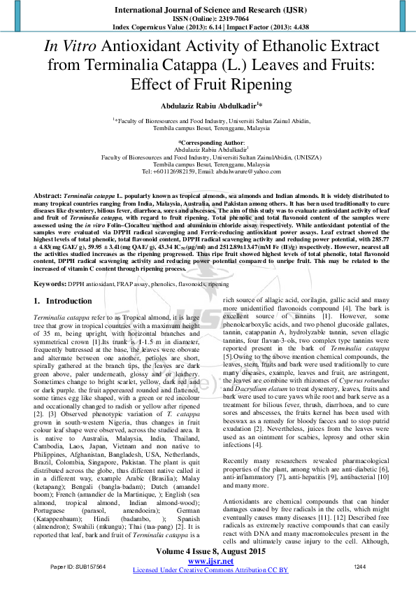 (PDF) In Vitro Antioxidant Activity of Ethanolic Extract from Terminalia Catappa (L.) Leaves and ...