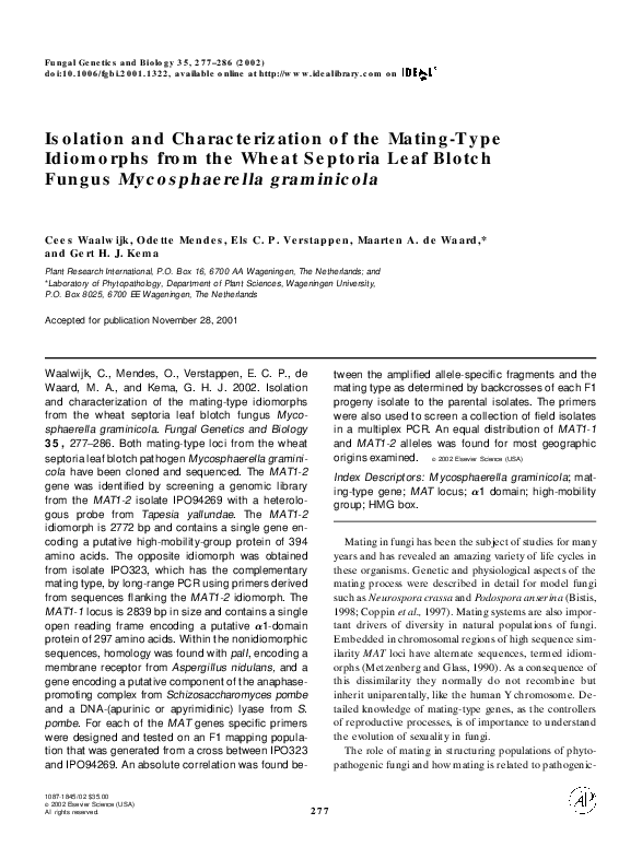 (PDF) Isolation and Characterization of the Mating-Type Idiomorphs from ...