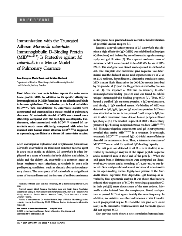 (PDF) Immunization with the Truncated Adhesin Moraxella catarrhalis Immunoglobulin D–Binding ...