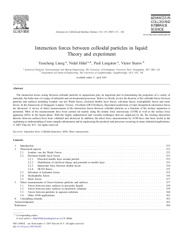 Pdf Interaction Forces Between Colloidal Particles In Liquid Theory