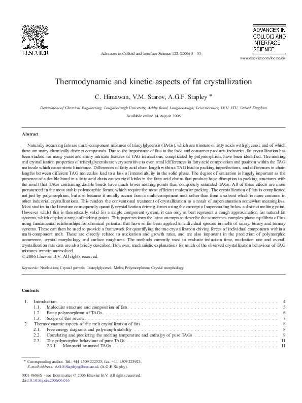 (PDF) Thermodynamic and kinetic aspects of fat crystallization