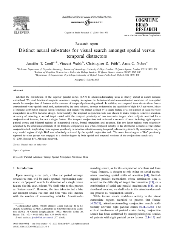 Pdf Distinct Neural Substrates For Visual Search Amongst Spatial