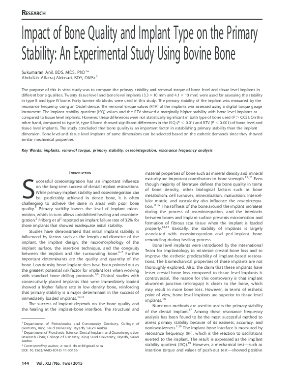 (PDF) Impact of bone quality and implant type on the primary stability ...