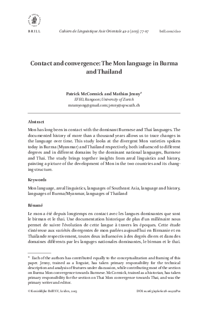 (PDF) Contact and convergence: The Mon language in Burma and Thailand