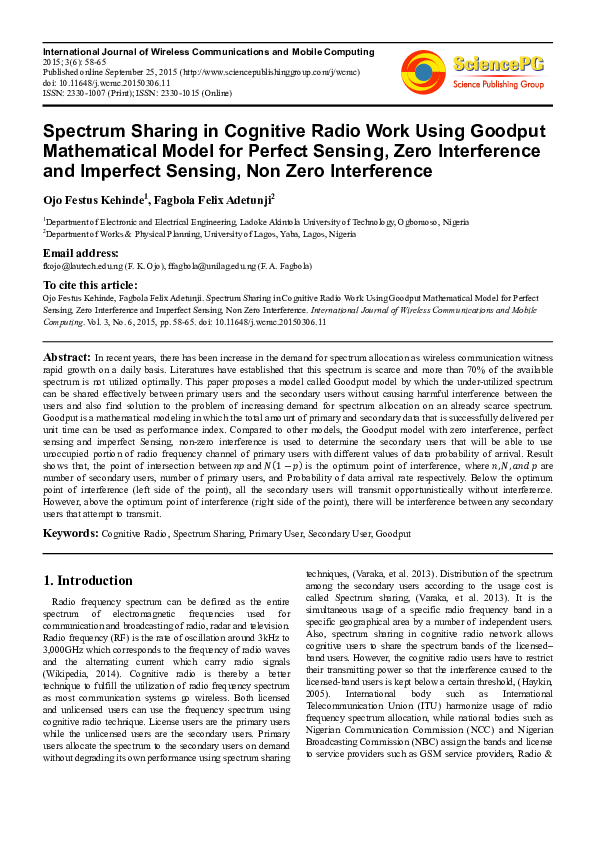 (PDF) Spectrum Sharing in Cognitive Radio Network Using Goodput Mathematical Model for Perfect ...
