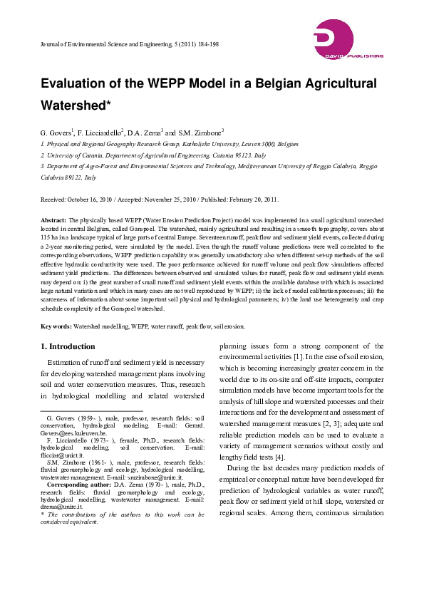 (PDF) Evaluation of the WEPP Model in a Belgian Agricultural Watershed