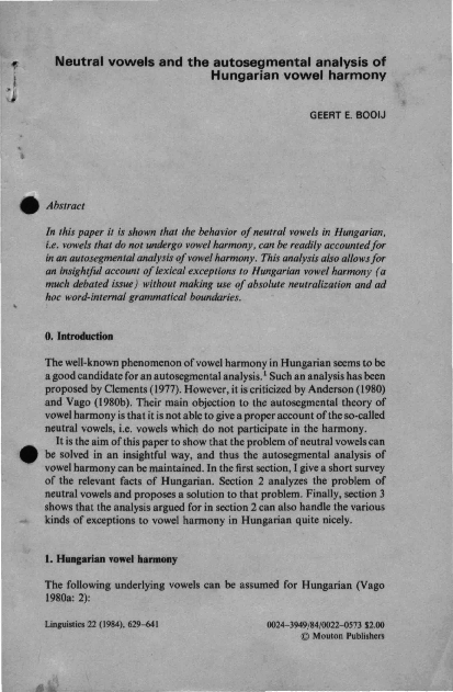 (PDF) Neutral vowels and the autosegmental analysis of Hungarian vowel ...