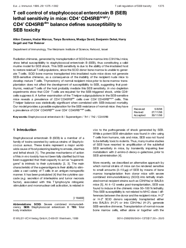 (PDF) T cell control of staphylococcal enterotoxin B (SEB) lethal sensitivity in mice: CD4 ...