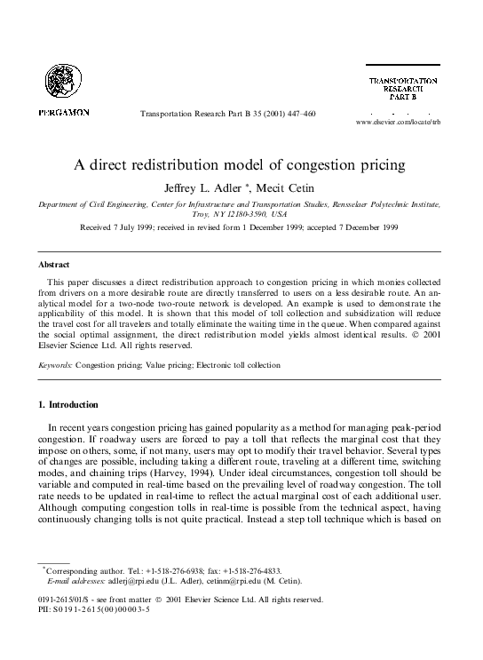 (PDF) A direct redistribution model of congestion pricing