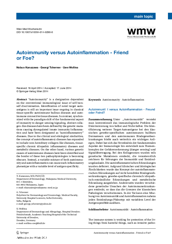 (PDF) Autoimmunity versus Autoinflammation - Friend or Foe?
