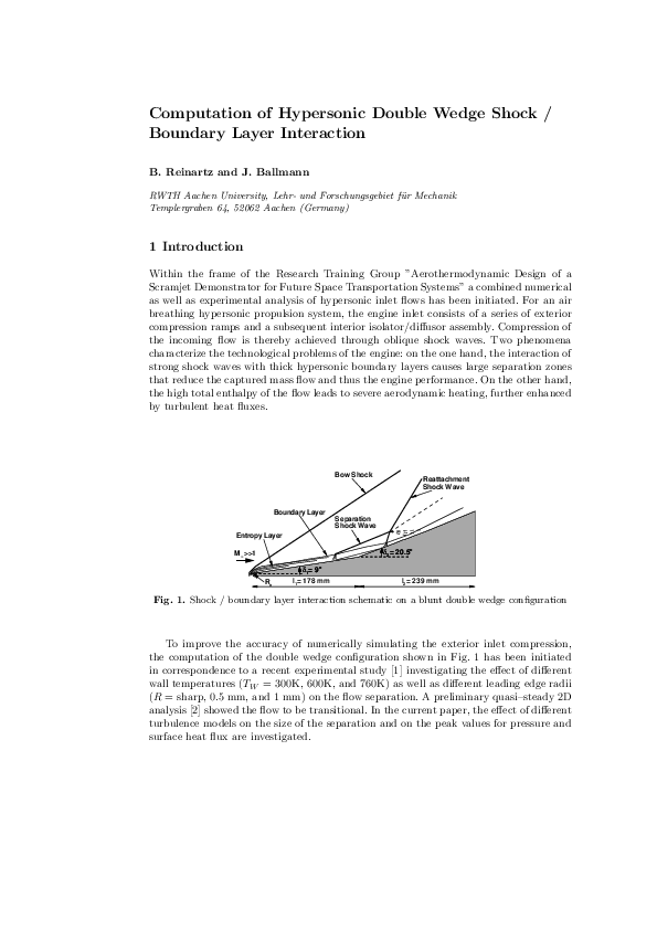 (PDF) Computation of hypersonic double wedge shock / boundary layer interaction