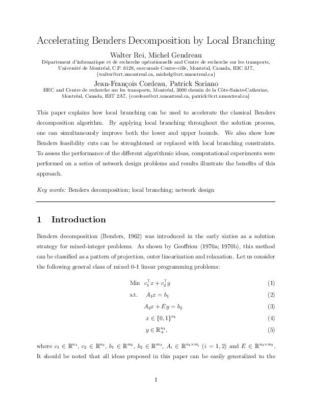 Pdf Accelerating Benders Decomposition By Local Branching