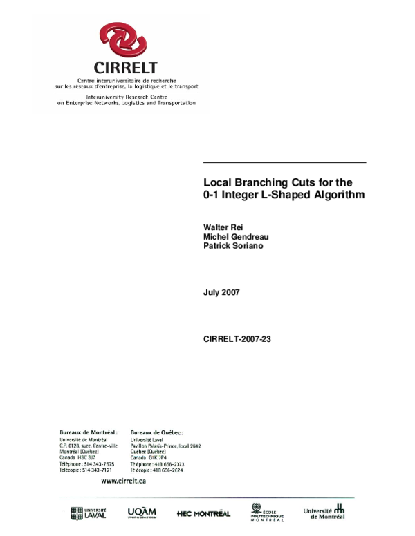 Pdf Local Branching Cuts For The 0 1 Integer L Shaped Algorithm Walter Rei And Michel