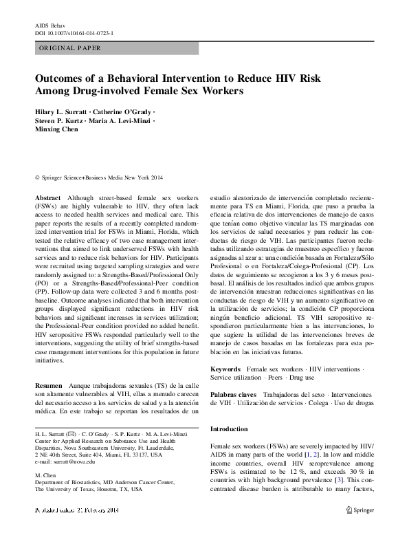 Pdf Outcomes Of A Behavioral Intervention To Reduce Hiv Risk Among