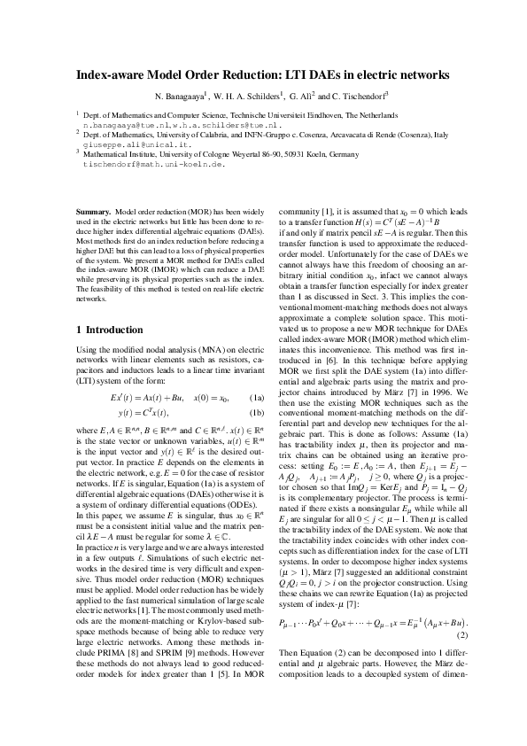 Pdf Index Aware Model Order Reduction Lti Daes In Electric Networks