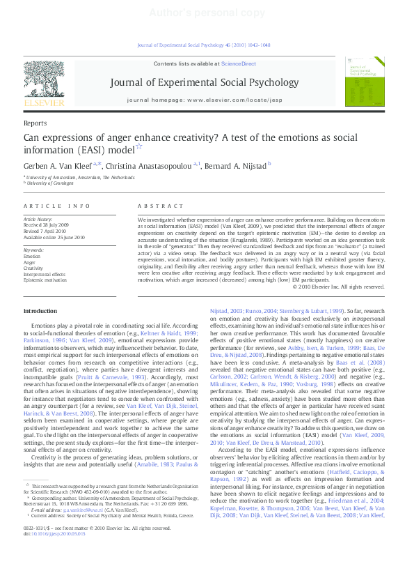 (PDF) Can expressions of anger enhance creativity? A test of the ...