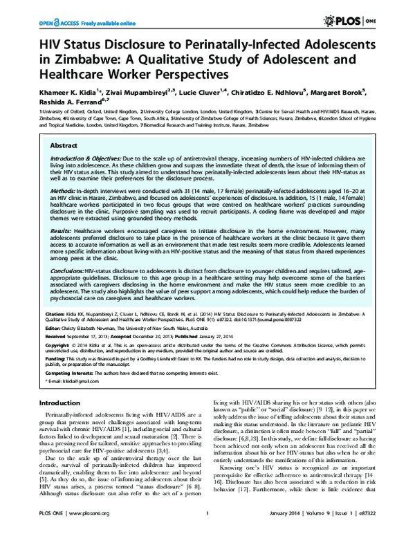 (PDF) HIV Status Disclosure to Perinatally-Infected Adolescents in ...