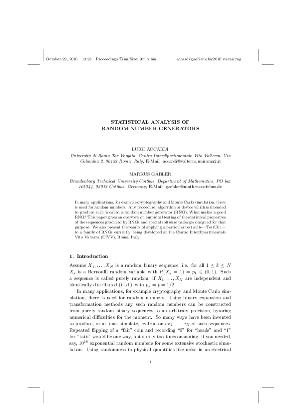 (PDF) Statistical analysis of random number generators