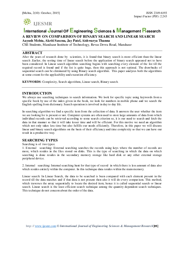Pdf A Review On Comparision Of Binary Search And Linear Search