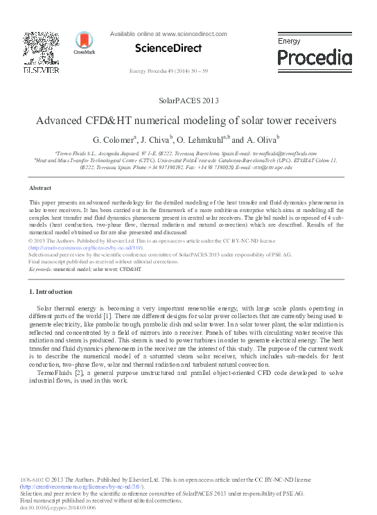 (PDF) Advanced CFD&HT Numerical Modeling of Solar Tower Receivers (PDF) Advanced CFD&HT Numerical Modeling of Solar Tower Receivers