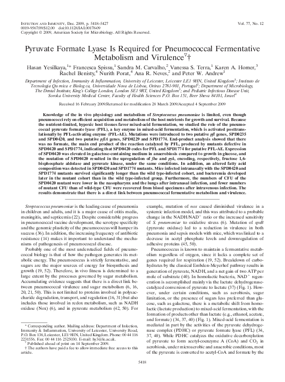 (PDF) Pyruvate Formate Lyase Is Required for Pneumococcal Fermentative ...