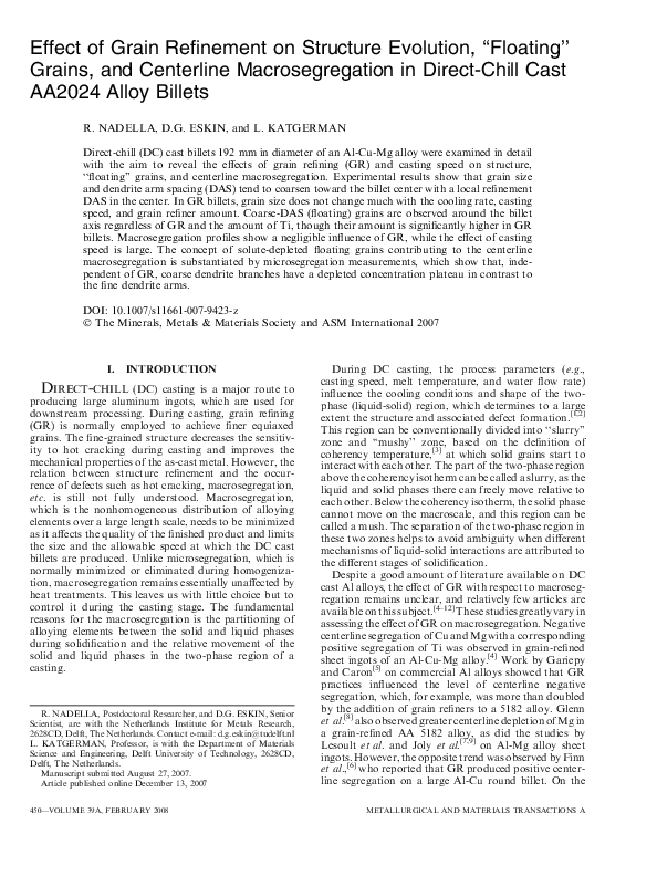 (PDF) Effect of Grain Refinement on Structure Evolution, “Floating ...