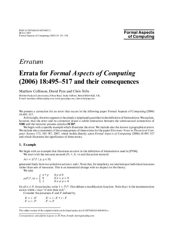 (PDF) Errata for Formal Aspects of Computing (2006) 18:495–517 and ...