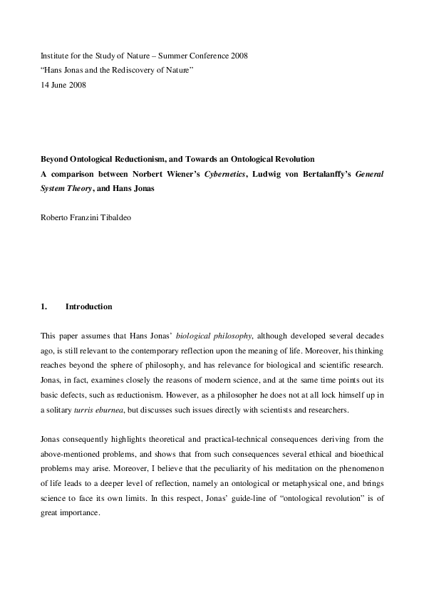 (PDF) Beyond Ontological Reductionism, and Towards an Ontological ...
