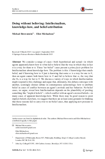 (PDF) Doing without believing: Intellectualism, knowledge-how, and ...