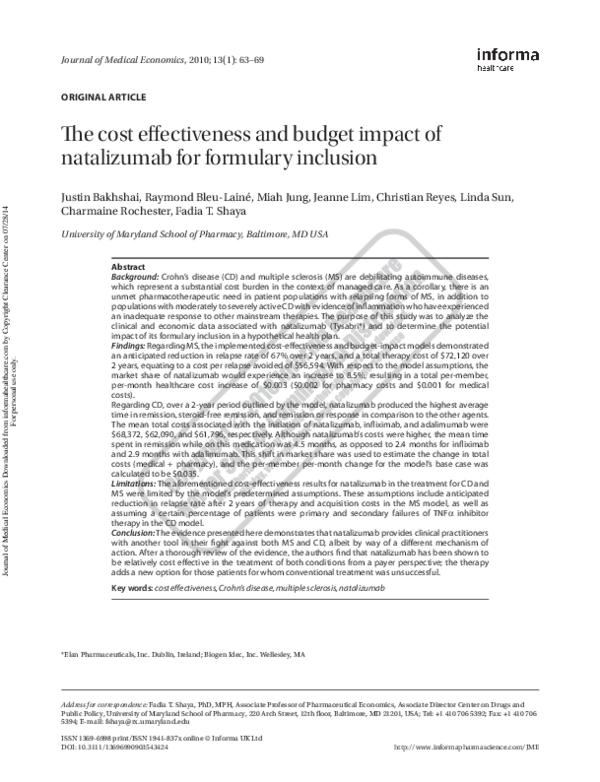 (PDF) The cost effectiveness and budget impact of natalizumab for ...
