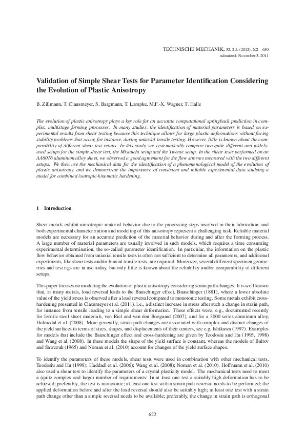 Pdf Validation Of Simple Shear Tests For Parameter Identification