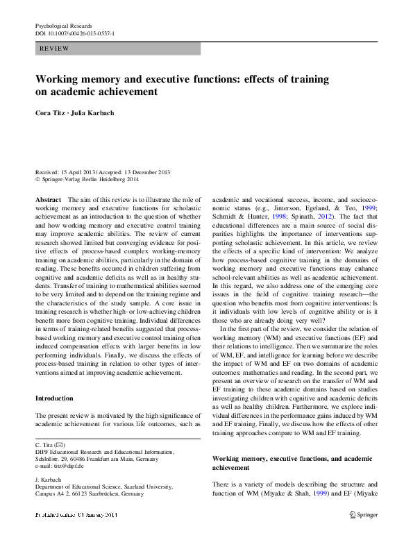 (PDF) Working memory and executive functions: effects of training on academic achievement