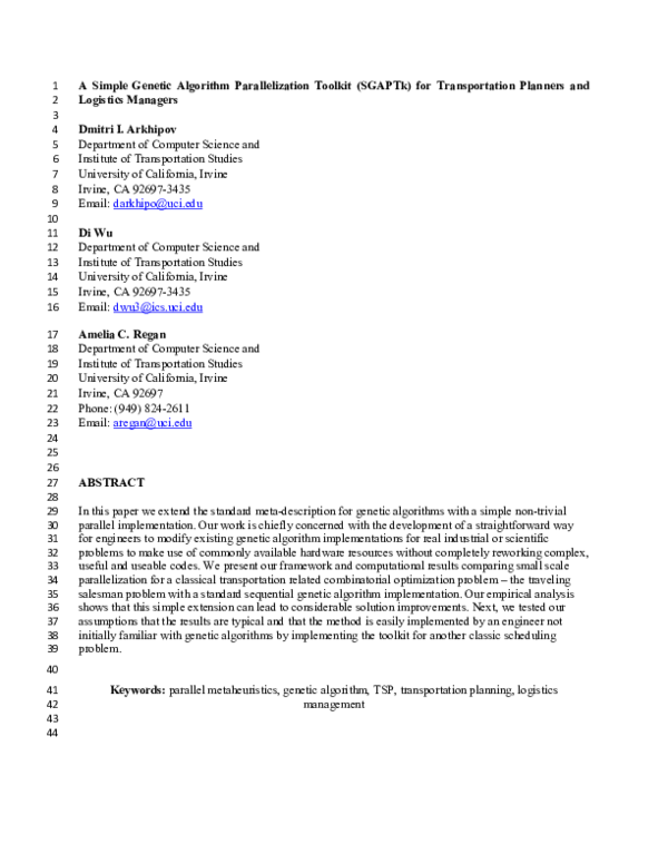Pdf A Simple Genetic Algorithm Parallelization Toolkit Sgaptk For Transportation Planners 