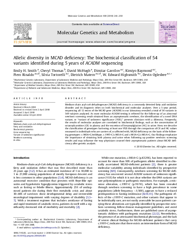 (PDF) Allelic diversity in MCAD deficiency: The biochemical ...