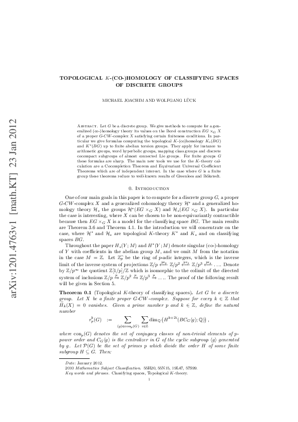 (PDF) Topological K–(co)homology of classifying spaces of discrete groups