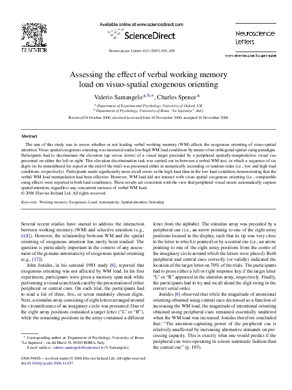 (PDF) Assessing the effect of verbal working memory load on visuo-spatial exogenous orienting