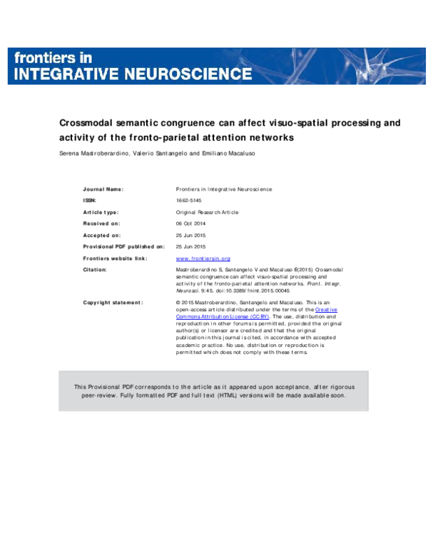(PDF) Crossmodal semantic congruence can affect visuo-spatial processing and activity of the ...