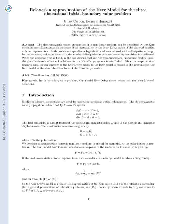 (PDF) RELAXATION APPROXIMATION OF THE KERR MODEL FOR THE THREE-DIMENSIONAL INITIAL-BOUNDARY ...