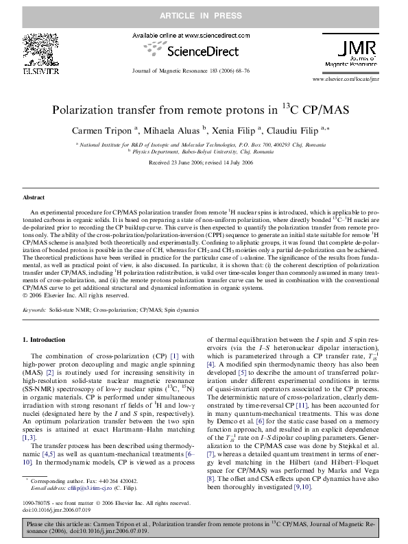 (PDF) Polarization transfer from remote protons in 13C CP/MAS