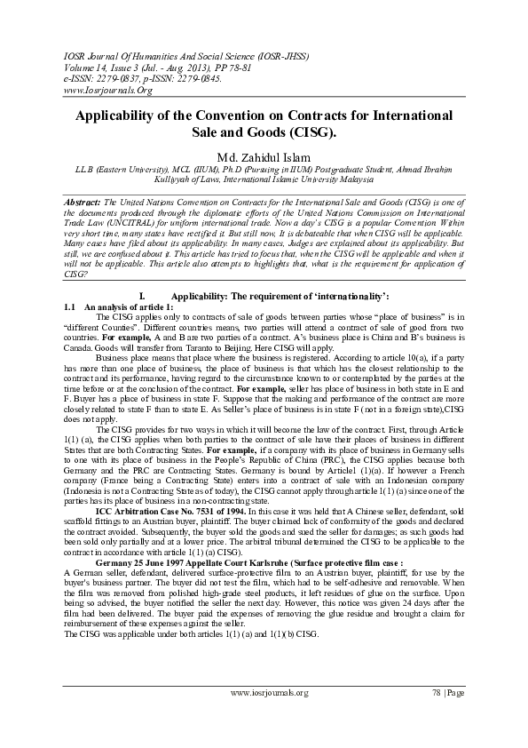 (PDF) Applicability of the Convention on Contracts for International ...