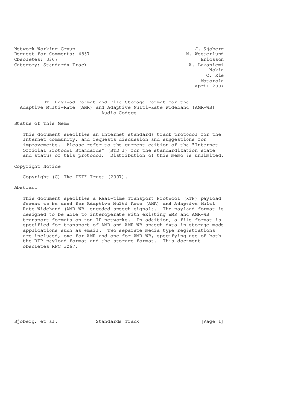 (PDF) RTP Payload Format and File Storage Format for the Adaptive Multi-Rate (AMR) and Adaptive ...