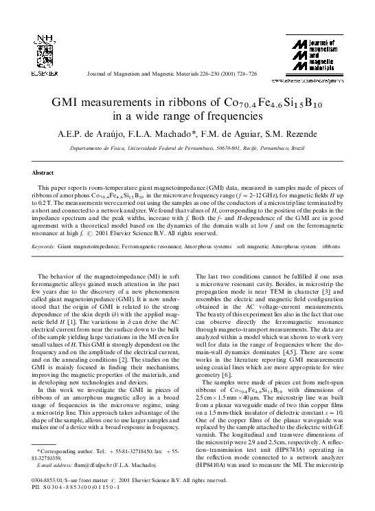 (PDF) GMI measurements in ribbons of Co70.4Fe4.6Si15B10 in a wide range ...