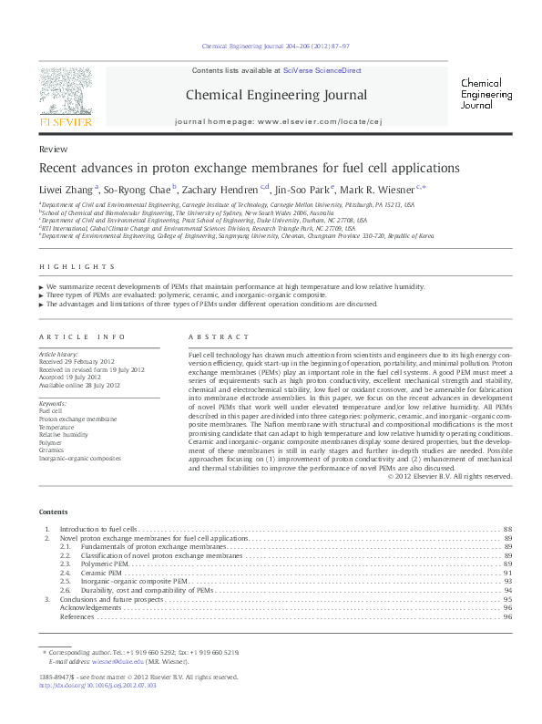(PDF) Recent advances in proton exchange membranes for fuel cell applications