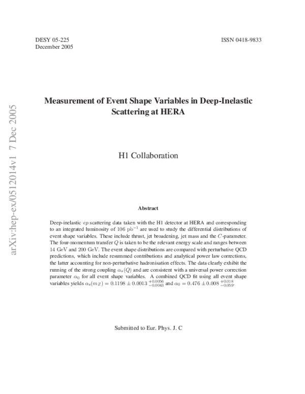 (PDF) Measurement of event shape variables in deep-inelastic scattering at HERA