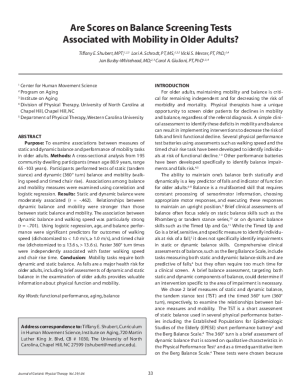 (PDF) Are Scores on Balance Screening Tests Associated with Mobility in ...