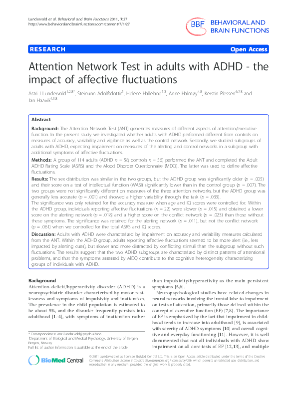 (PDF) Attention Network Test in adults with ADHD - the impact of ...