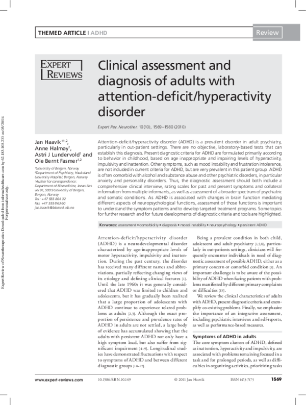 (PDF) Clinical assessment and diagnosis of adults with attention-deficit/hyperactivity disorder