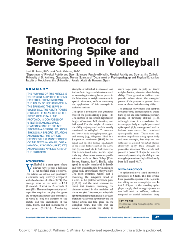 (PDF) Testing Protocol for Monitoring Spike and Serve Speed in Volleyball
