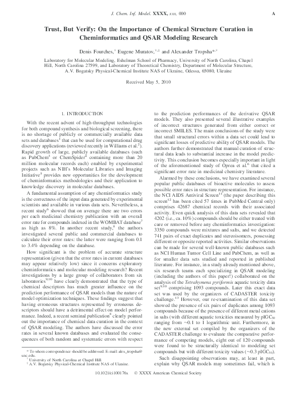 (PDF) Trust, But Verify: On the Importance of Chemical Structure Curation in Cheminformatics and ...